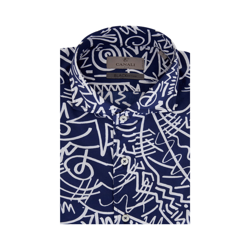 Canali - Navy & White Scribble Print Sport Shirt