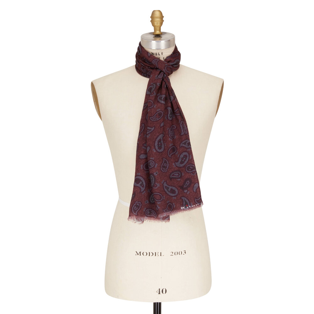 Kiton - Red Paisley Print Wool & Cashmere Scarf | Mitchell Stores