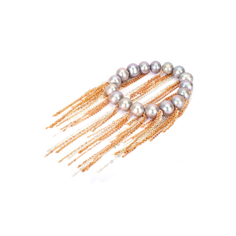Samira 13 - Two Tone Silver Fringe Silver Pearl Bracelet