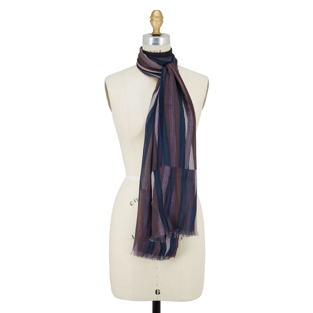 Loro Piana - Ombré Blue & Grey Silk Line Printed Scarf