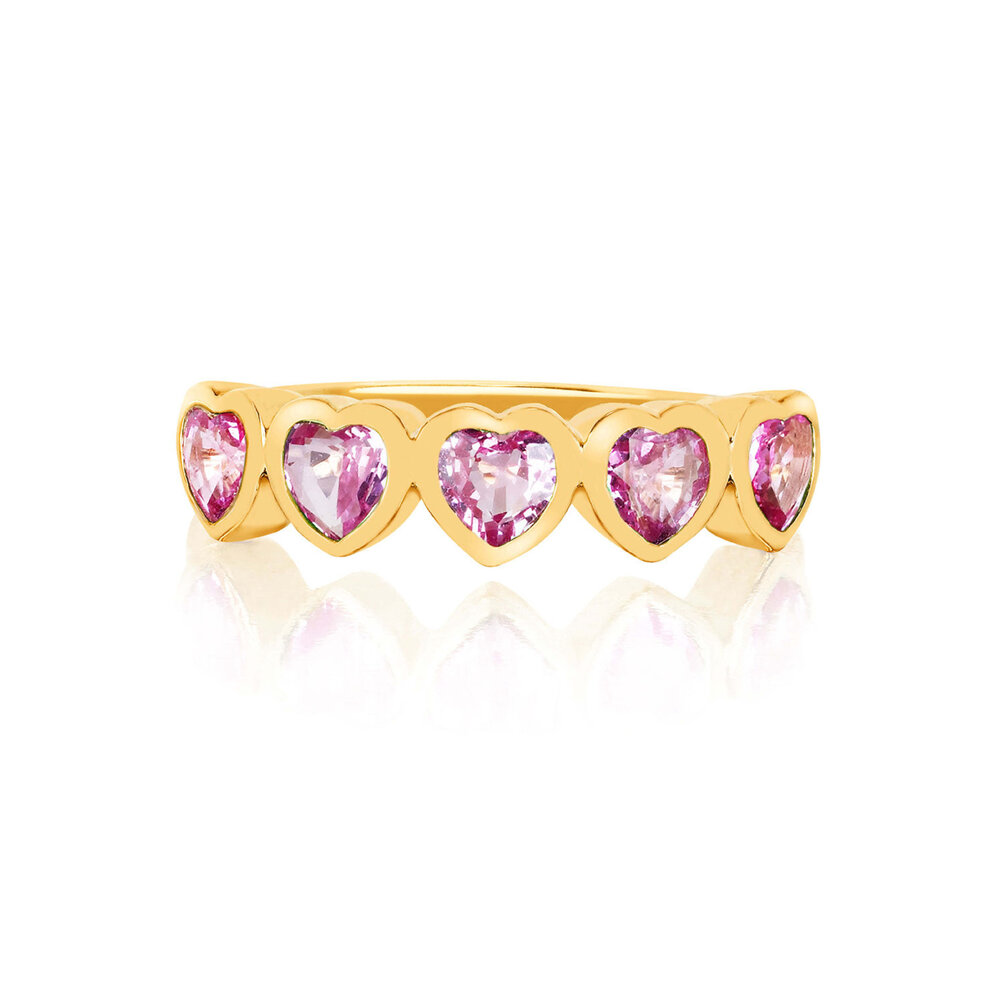 Ef Collection - 14k Yellow Gold Pink Sapphire Multi Heart Ring