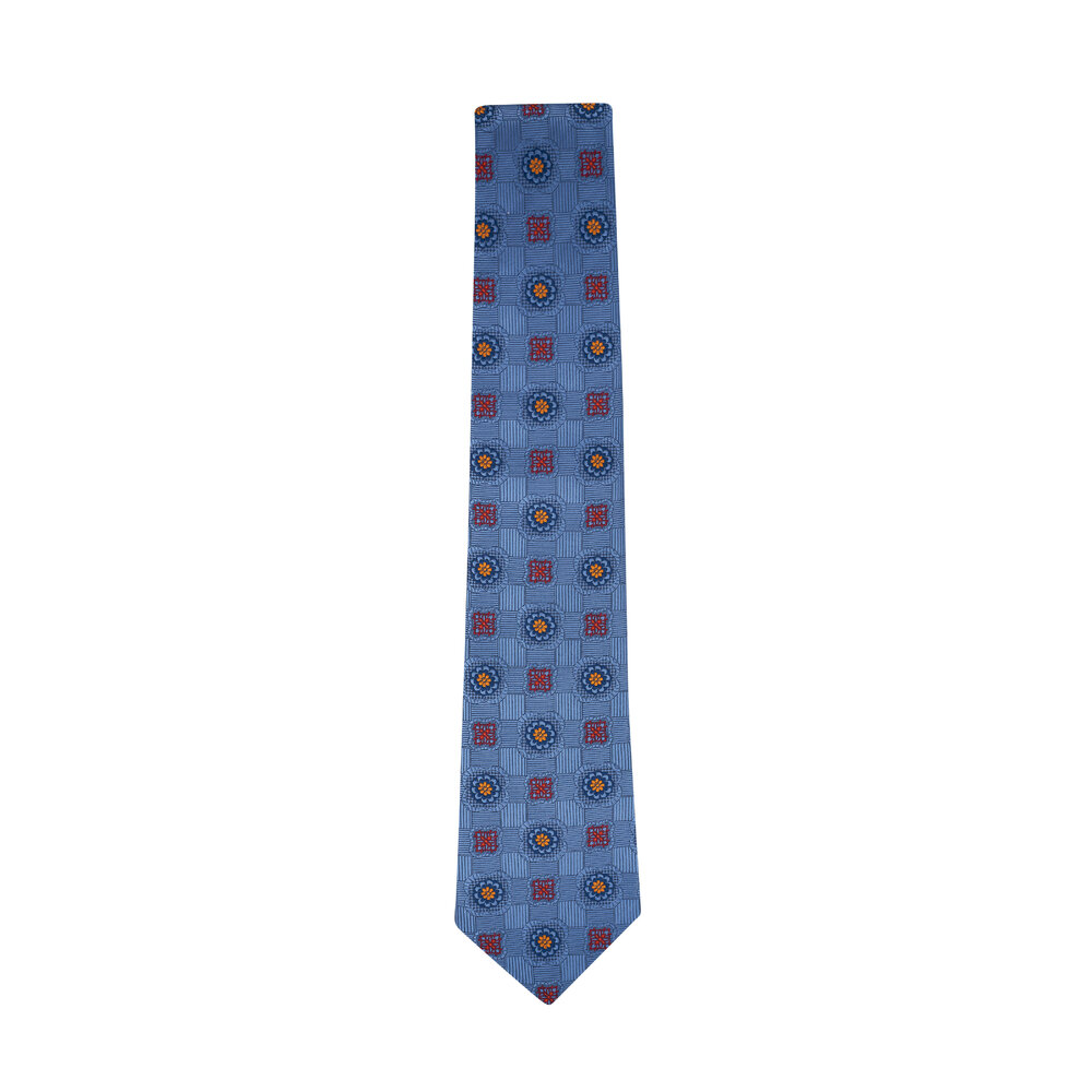 Kiton - Light Blue Medallion Print Silk Necktie | Mitchell Stores
