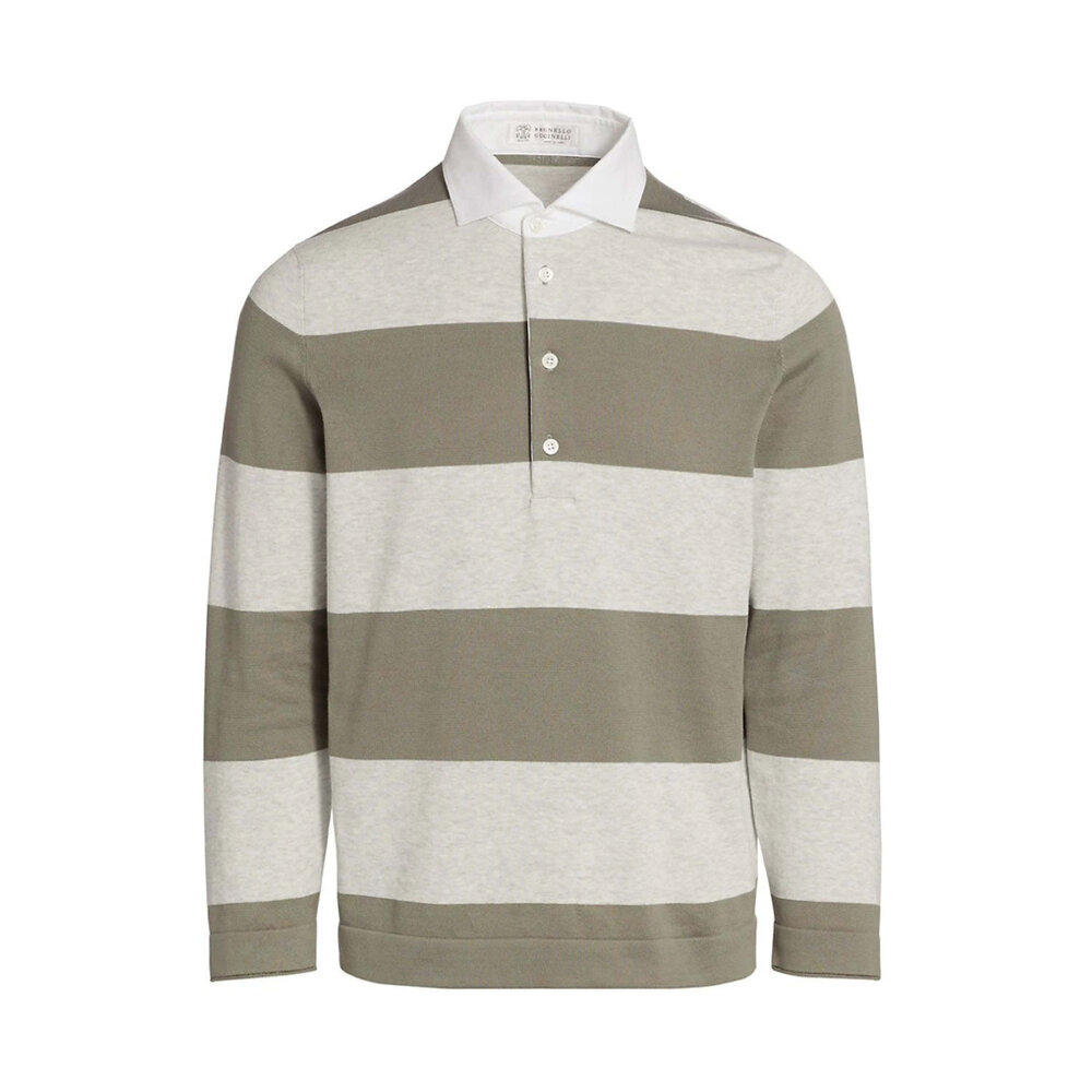 Brunello Cucinelli - Grey and Army Green Striped Rugby Polo