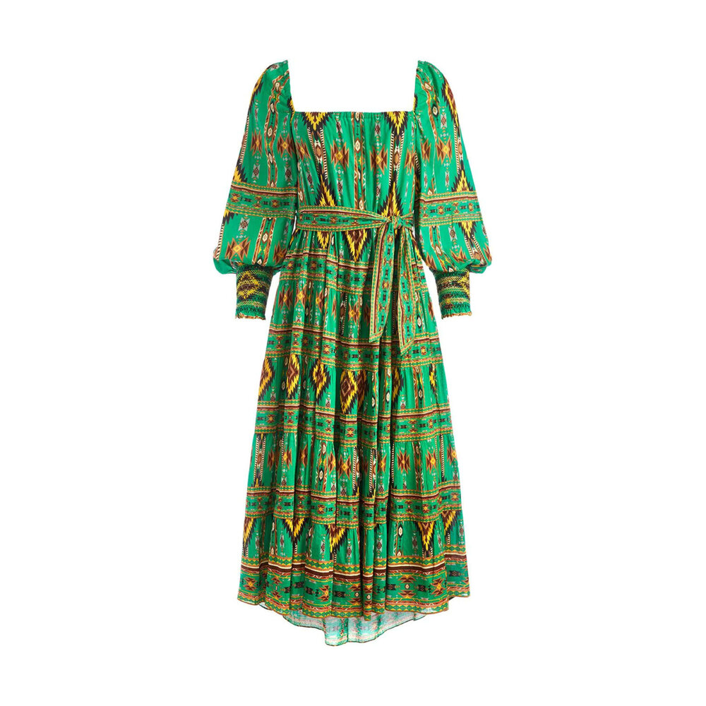 Alice & Olivia - Emerald Ikat Rowen Tiered High Low Midi Dress