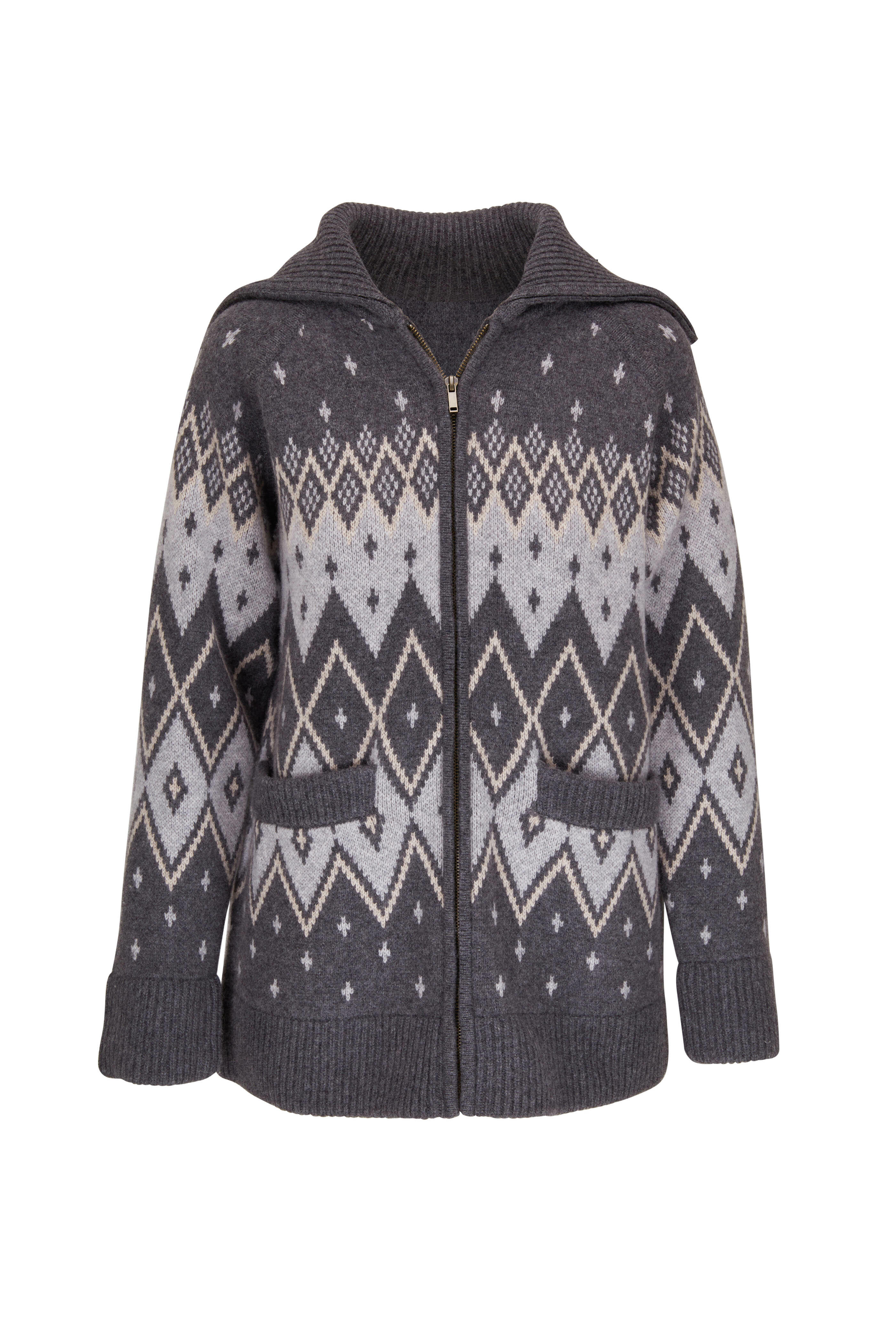 CO Collection - Fair Isle Charcoal Zip Up Sweater