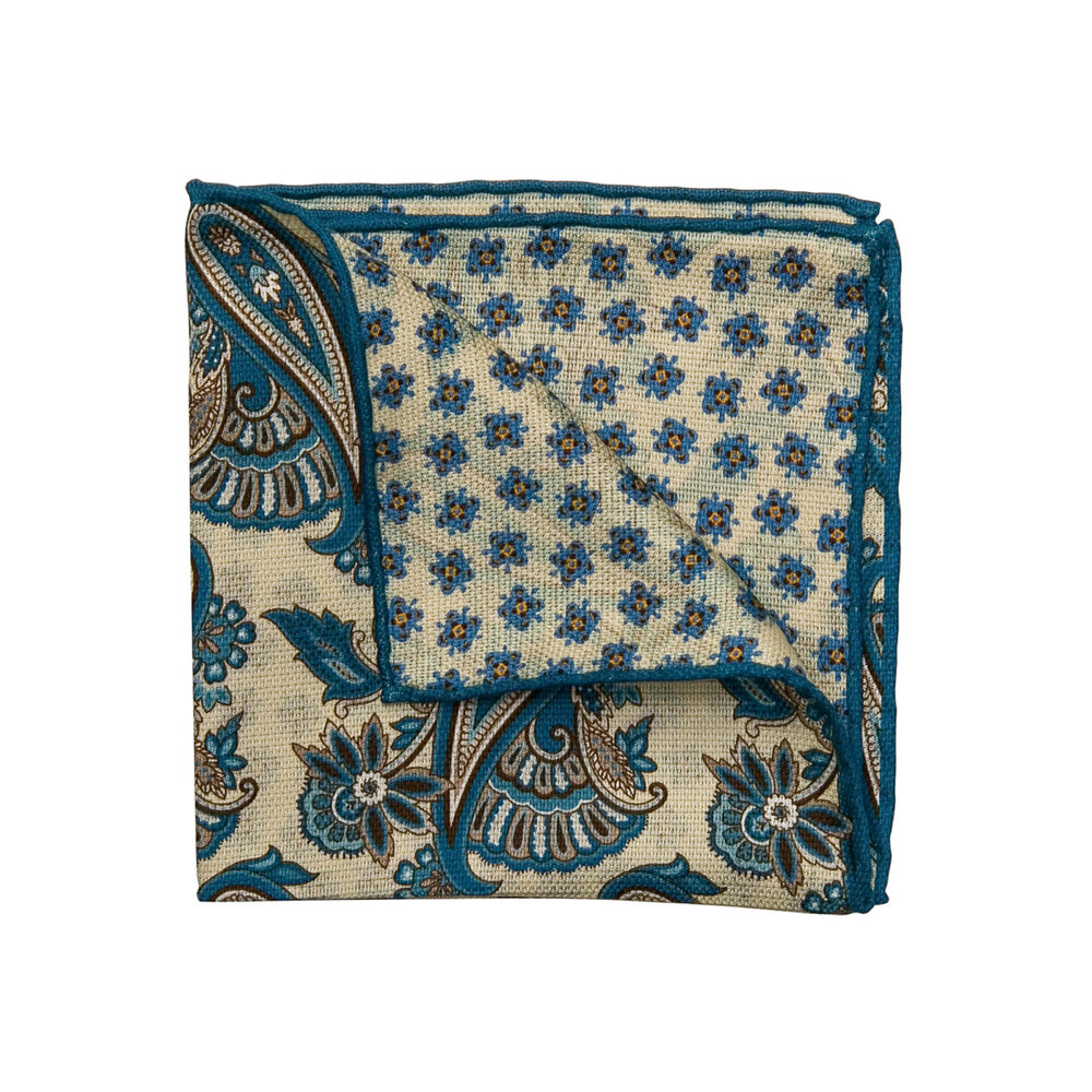 Geoff Nicholson - Ivory Blue and Brown Paisley Floral Pocket Square