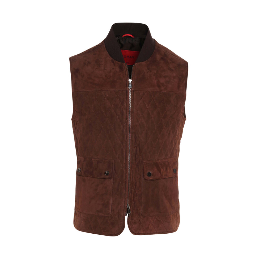 Isaia - Brown Quilted Suede Padded Vest | Mitchell Stores