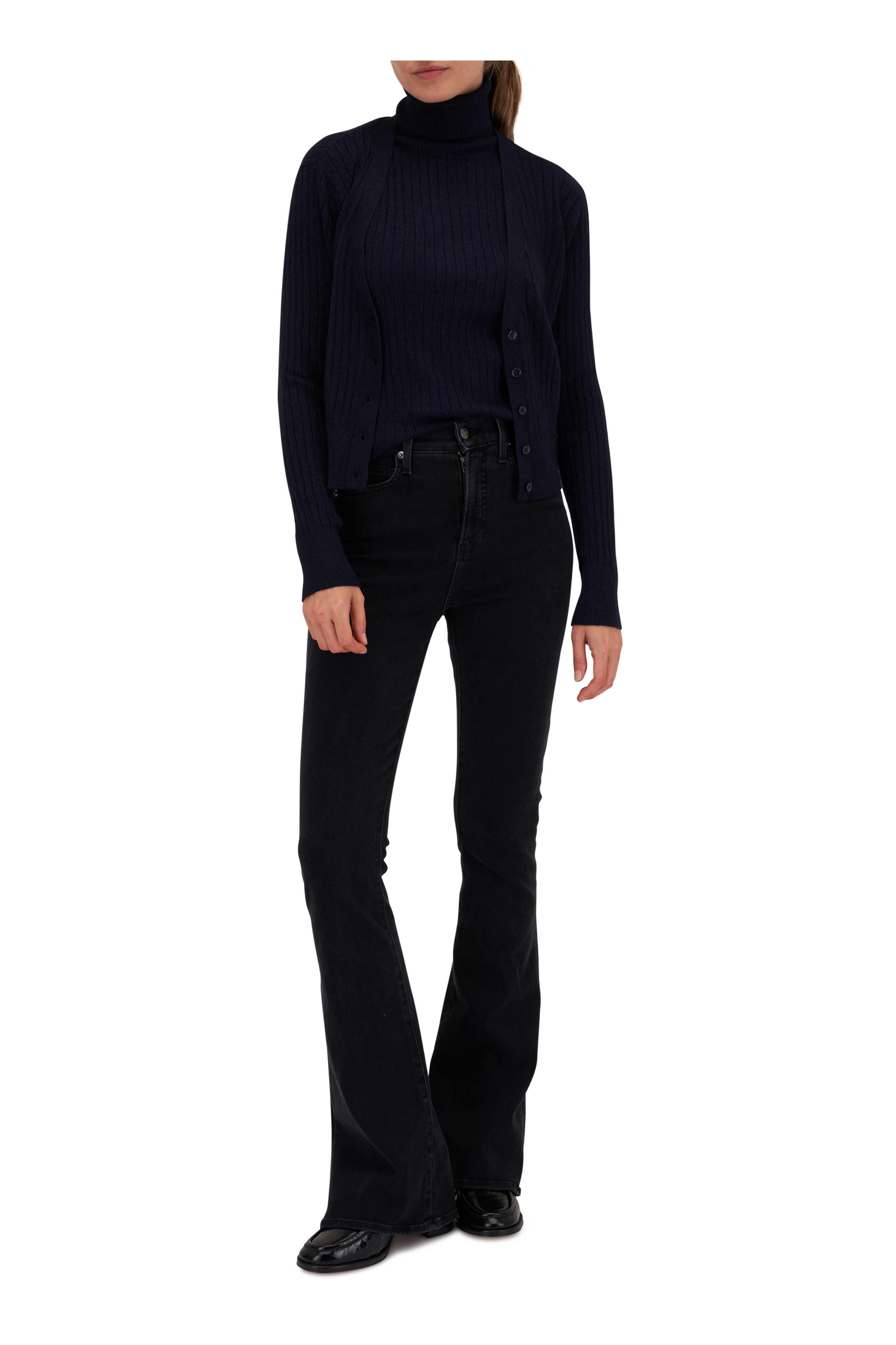 Majestic - Navy Blue Lurex V-Neck Cardigan | Mitchell Stores