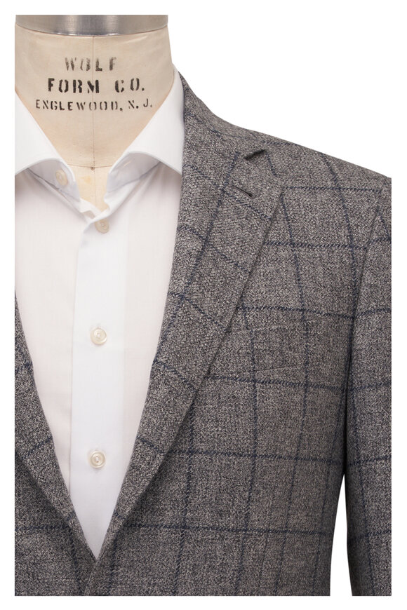 Canali - Light Gray & Blue Windowpane Plaid Wool Sportcoat