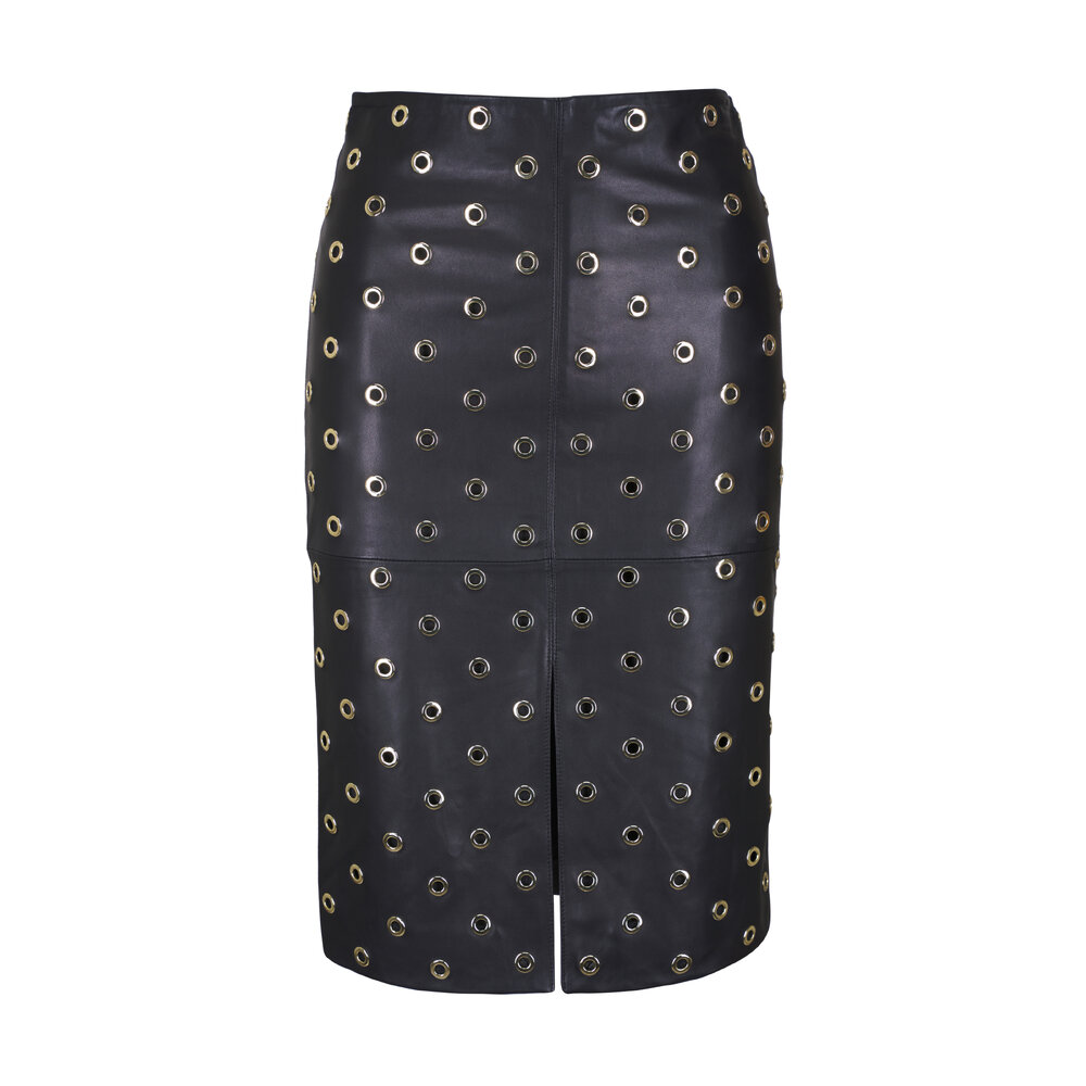 Veronica Beard - Anderson Black Leather & Gold Grommet Skirt