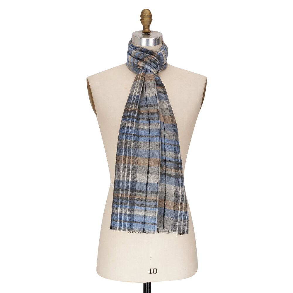 Chelsey Imports - Light Blue & Brown Plaid Cashmere Scarf
