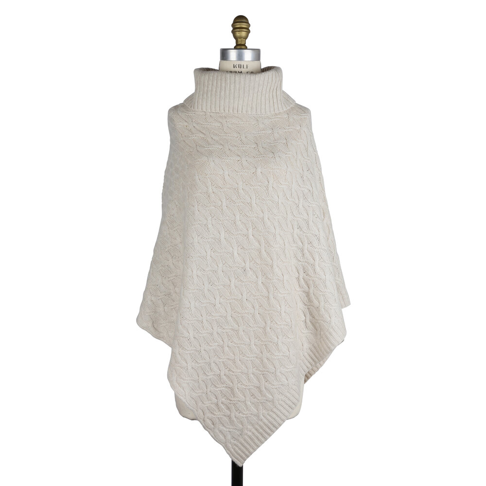 Kinross - Ecru Wool & Cashmere Cable Turtleneck Poncho
