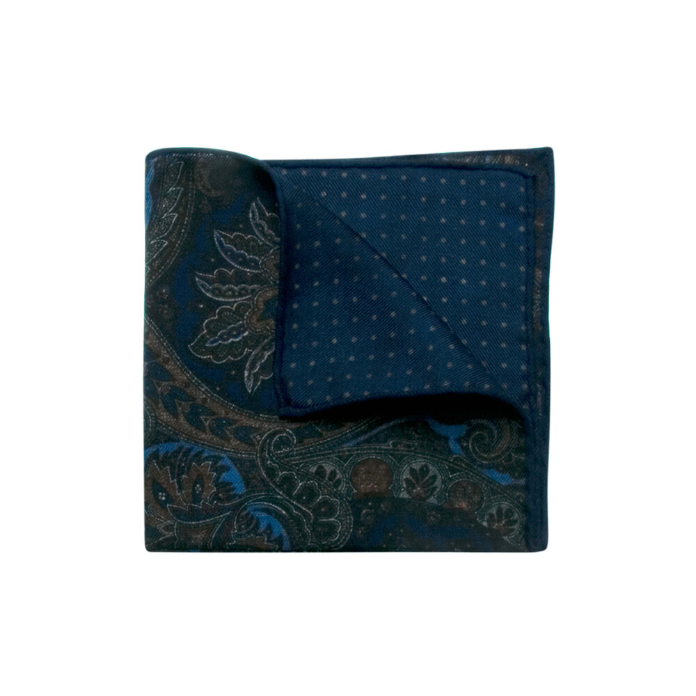 Geoff Nicholson - Blue and Beige Wool Paisley Pocket Square