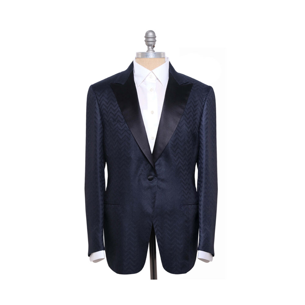 Kiton - Navy Tonal Chevron Formal Jacket | Mitchell Stores