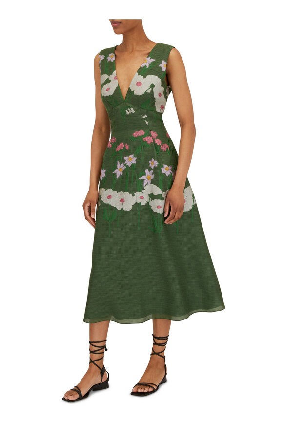 Lela Rose - Garden Fil Coupe Kelly Green V-Neck Midi Dress