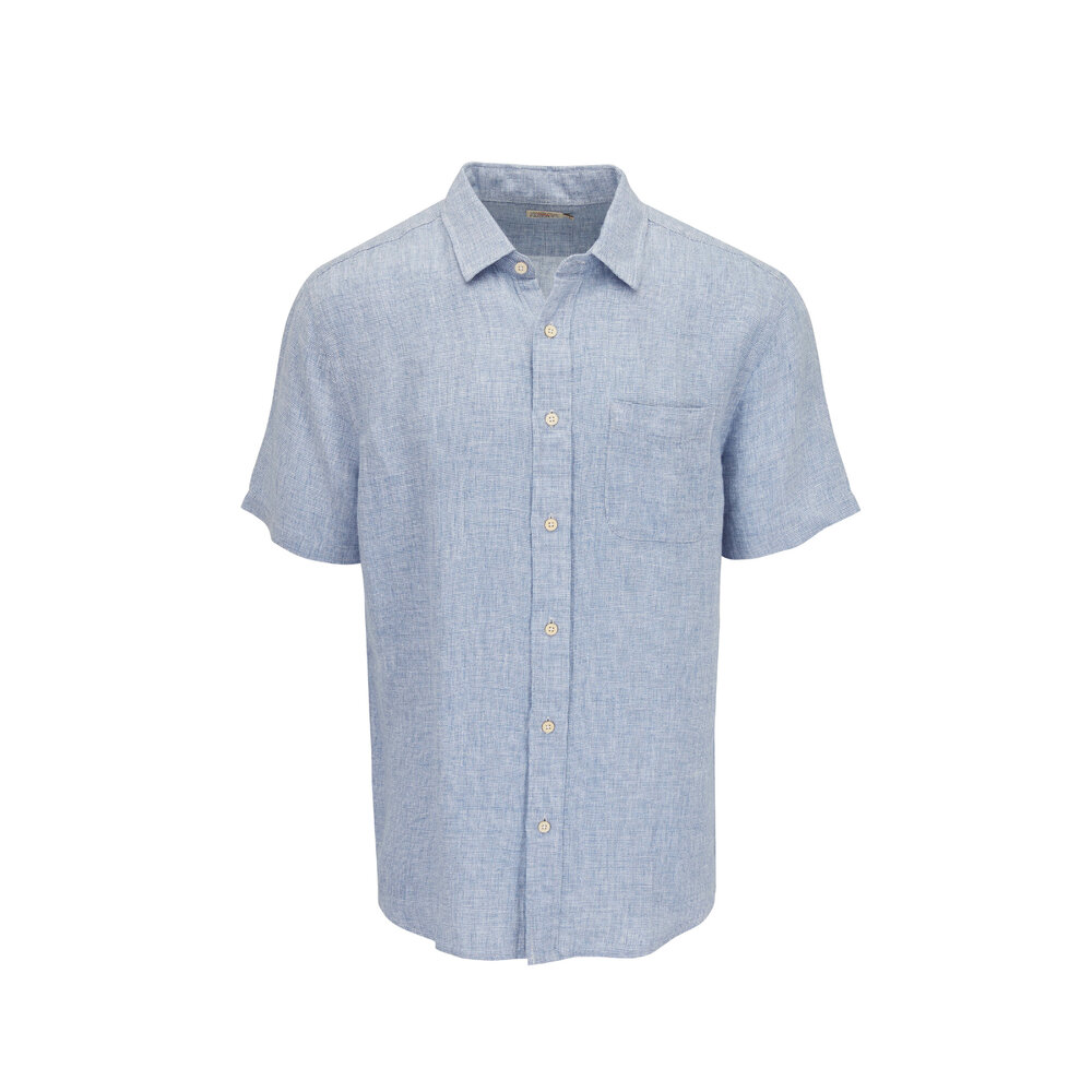 Faherty Brand - Blue Basketweave Linen Short Sleeve Button Down