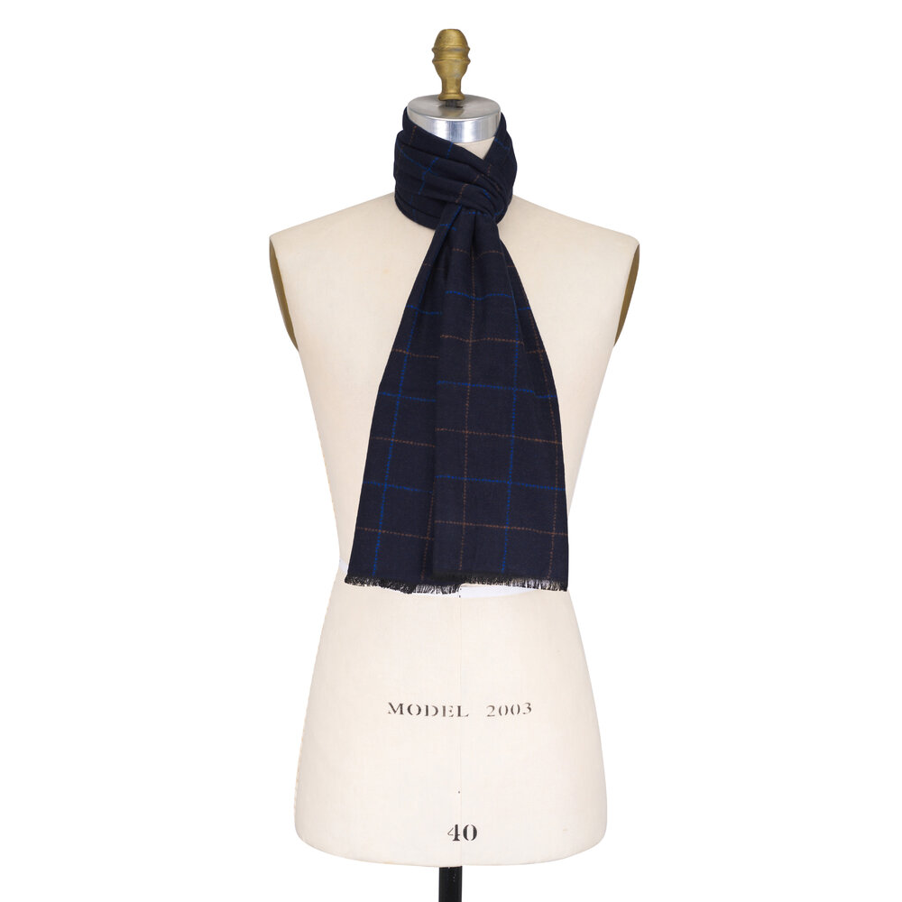 Chelsey Imports - Navy Blue & Brown Check Brushed Silk Scarf