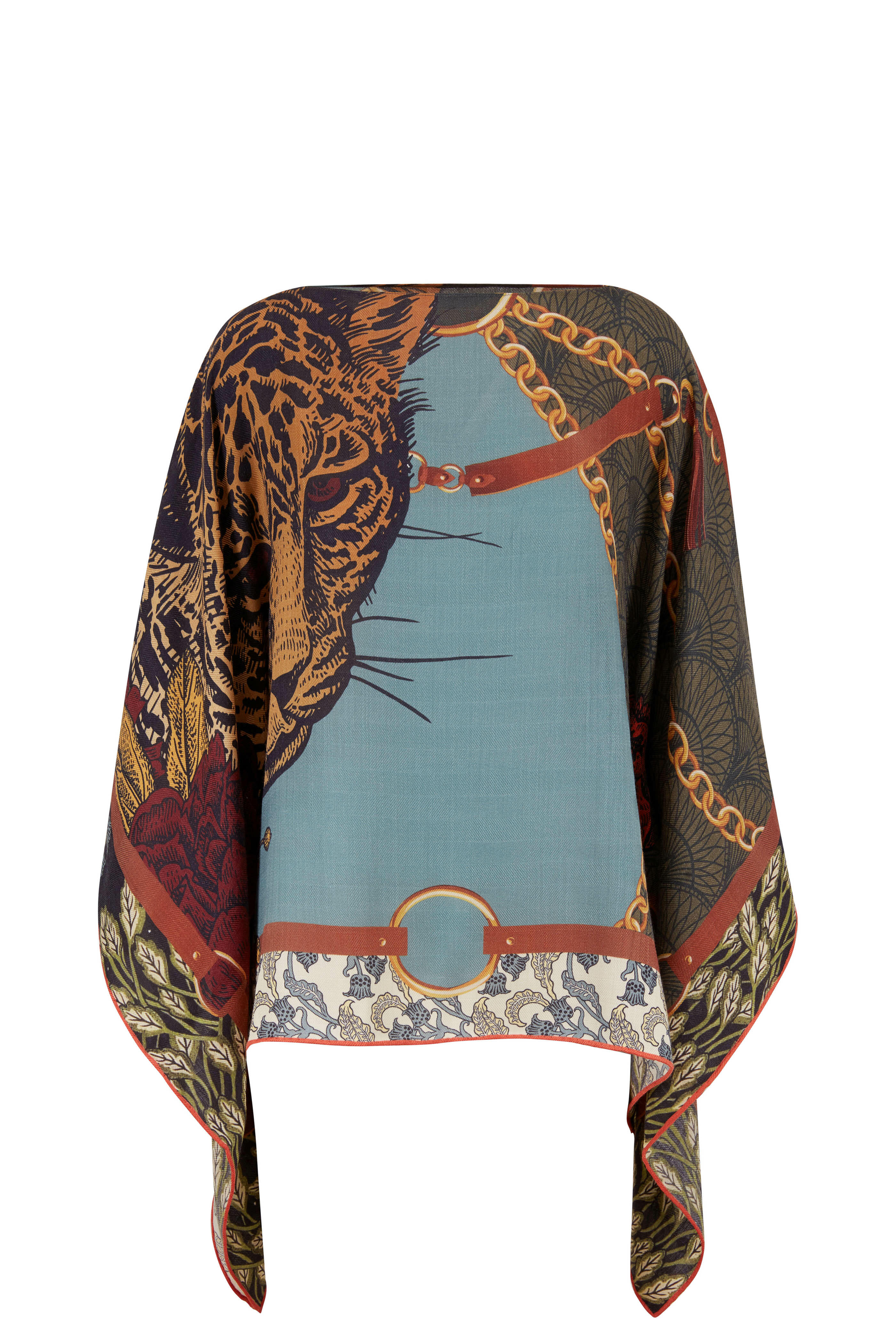 Rani Arabella - Teal Cashmere, Silk & Wool Leopard Poncho